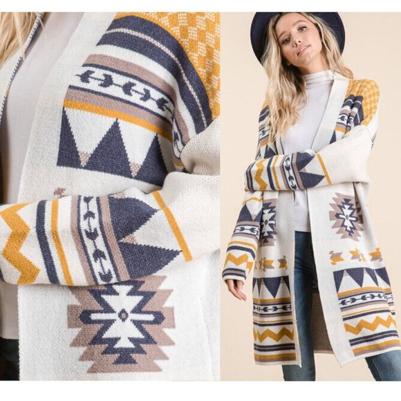Sweaters | Boho Aztec Tribal Western Knit Long Cardigan Sweater Duster ...